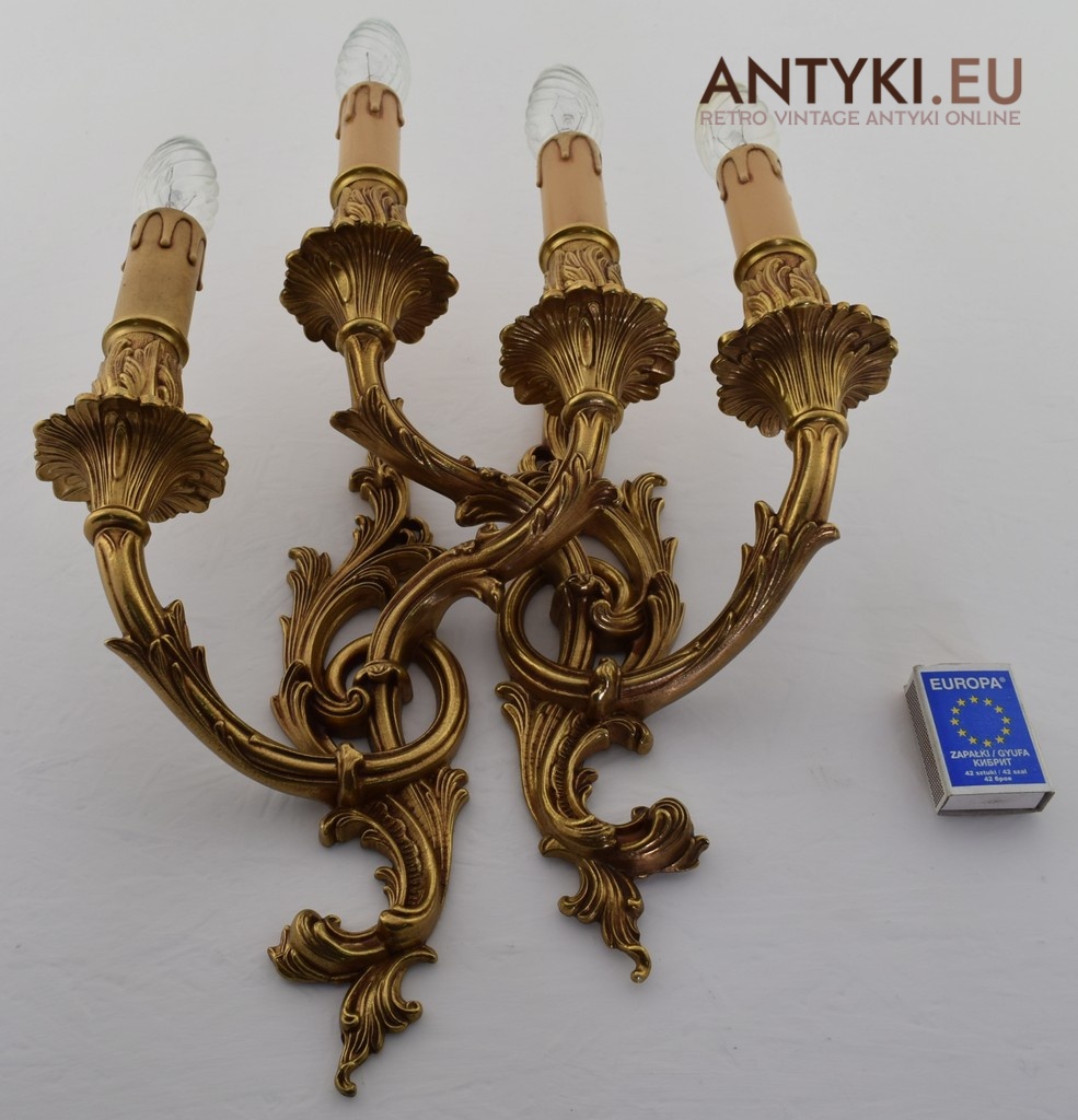 Antyk - złote kinkiety barokowe z brązu. Sygnowane lampy ścienne rococo ...